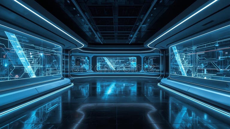 A High-tech Digital Control Room with Multiple Glowing Monitors and a ...