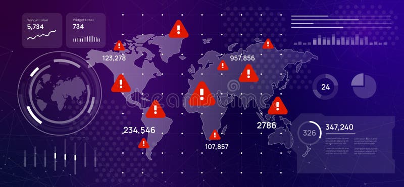High-tech Digital Dashboard Displaying a World Map with Red Warning ...