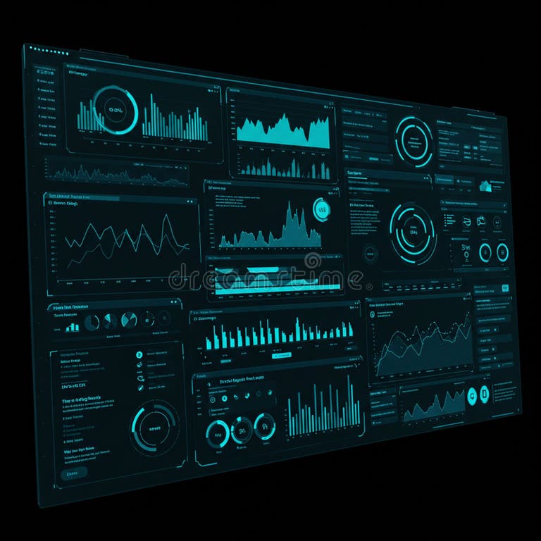 High-tech Digital Dashboard with Multiple Data Visualizations, Including Line Graphs, Stock ...
