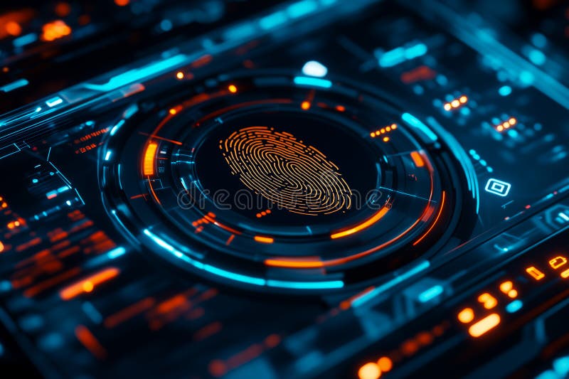 High-tech Digital Fingerprint Scanner Interface with Glowing Blue and ...