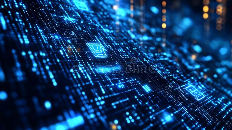 High-Tech Digital Graphic with Blue Coding and Network Symbols ...