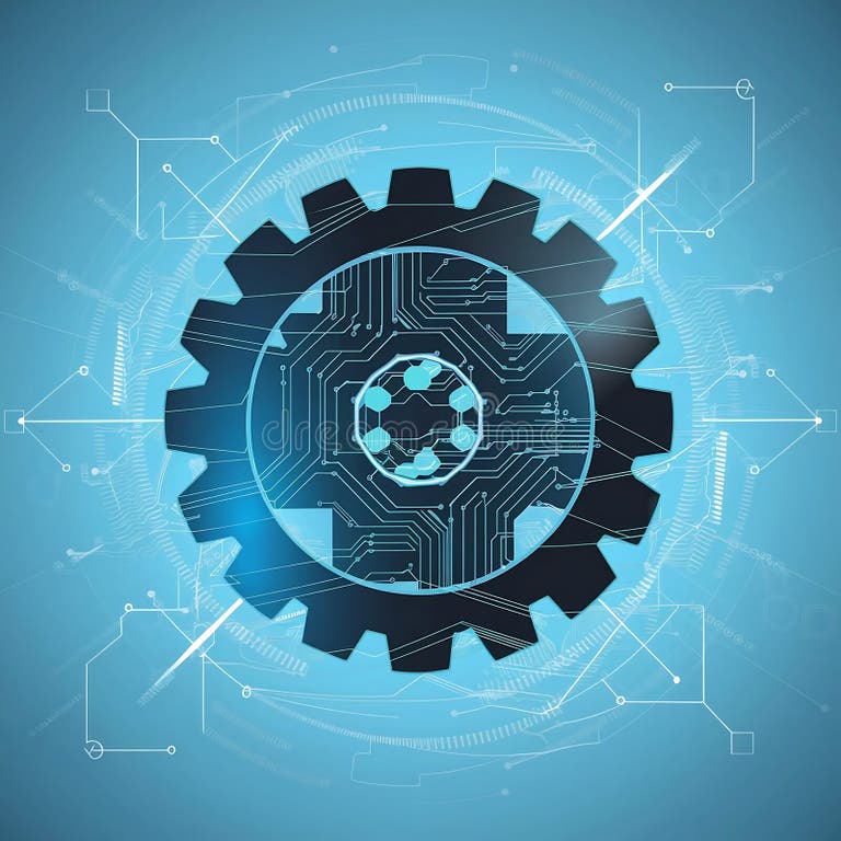 Futuristic Tech Interface: Digital Gears and Circuitry on Light Blue ...