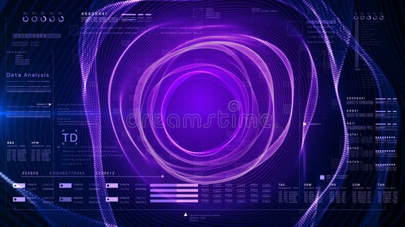 High-tech Digital Interface with Circular Purple Data Streams, AI Terms, and Futuristic HUD ...