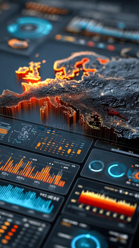 A High-tech Digital Interface Displaying Global Maps, Graphs, and Real-time Analytics with ...
