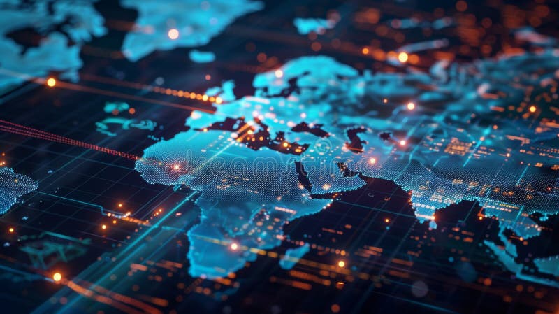 Digital Map Projection Highlighting Global Connectivity Stock Photo ...