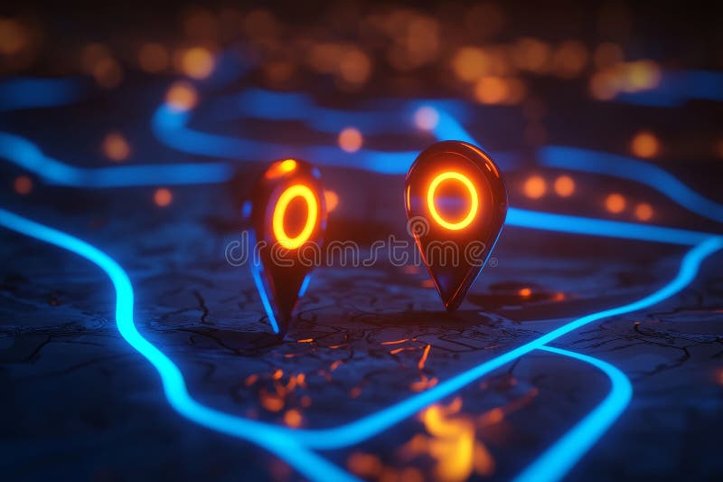 A High-tech Digital Map Features Two Destinations Marked in Red, Set ...