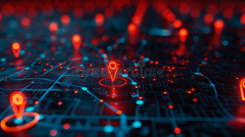 Glowing Neon Location Markers Abstract Digital Map Stock Photos - Free ...