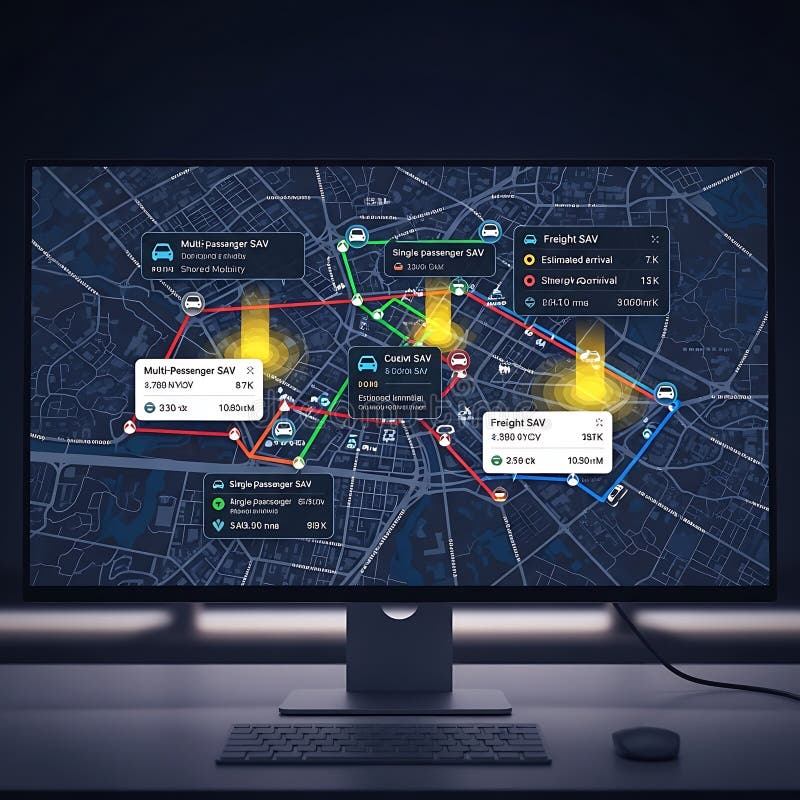 Futuristic Digital Network Map Displayed on a Modern Computer Monitor with Data Visualizations ...