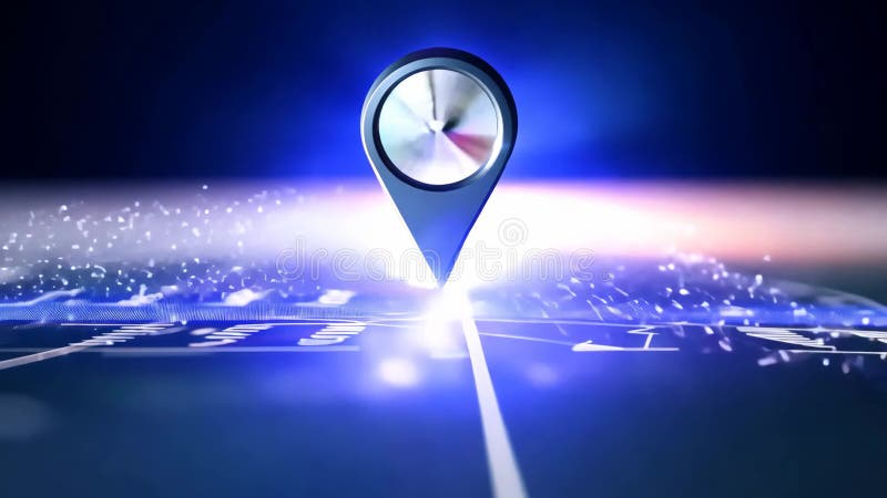 A High-tech Digital Map with a Metallic Location Pin Glowing Over a ...