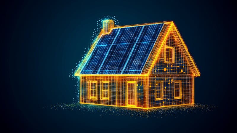 High Tech Digital Rendering of a Glowing Green Smart House with Solar ...