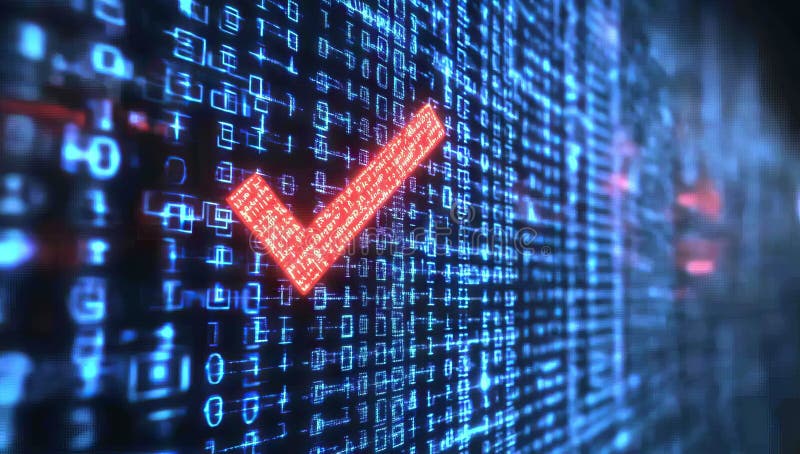 A High-tech Digital Screen Displaying a Neon Checkmark Over a Data ...