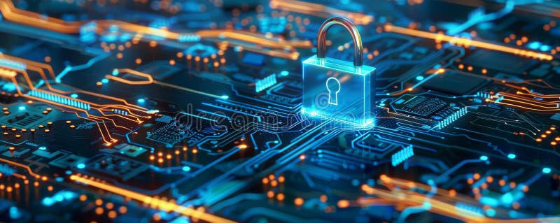 High-tech Digital Security Concept with Lock Symbol on Motherboard ...