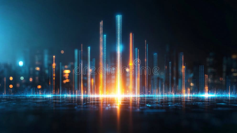 High-tech Digital Skyline with Glowing Data Visuals in 4K Quality Stock ...