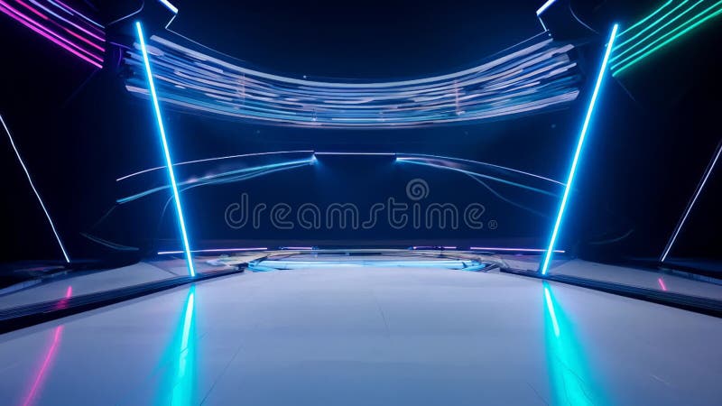 High-tech Digital Stage with Blue Lights, Glowing Beams, and a ...