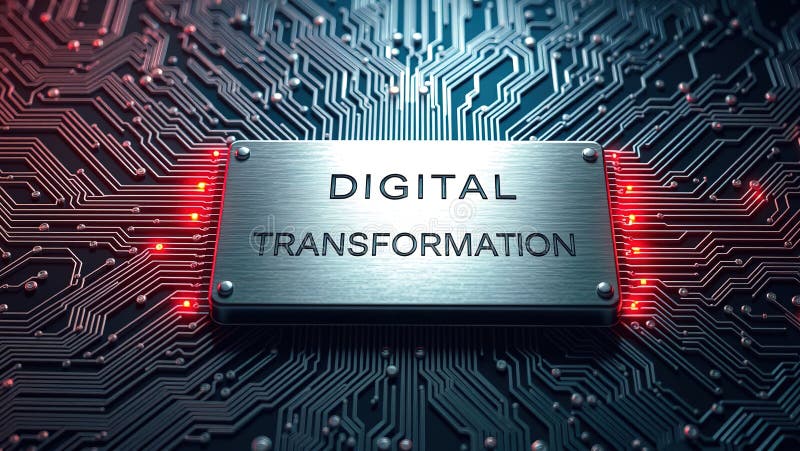 High-Tech Digital Transformation: Circuit Board with Illuminated Text ...