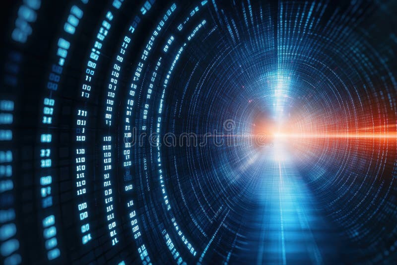 High Tech Digital Tunnel with Vibrant Glowing Lines and Data Stream Effects Representing ...
