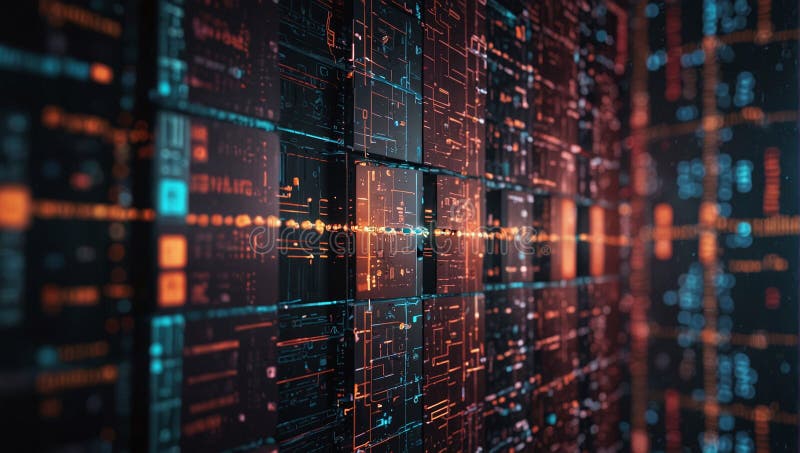 High-Tech Digital Wall with Glowing Circuitry and Data Panels in ...