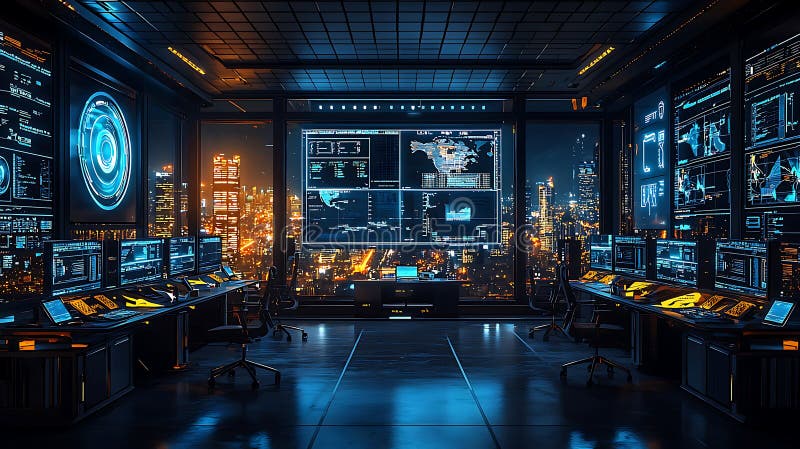 High Tech Disaster Command Center with Advanced Screens and City View ...