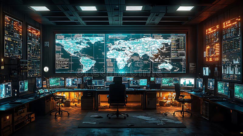 High Tech Disaster Management Room with Multiple Screens Displaying ...