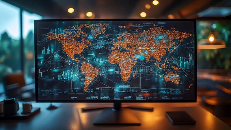 High-tech Display of a Global Map with Data Visualization in a Modern ...