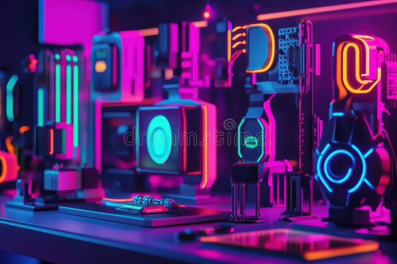 High-tech Display of Neon Glowing Gadgets in a Modern Tech Showcase ...