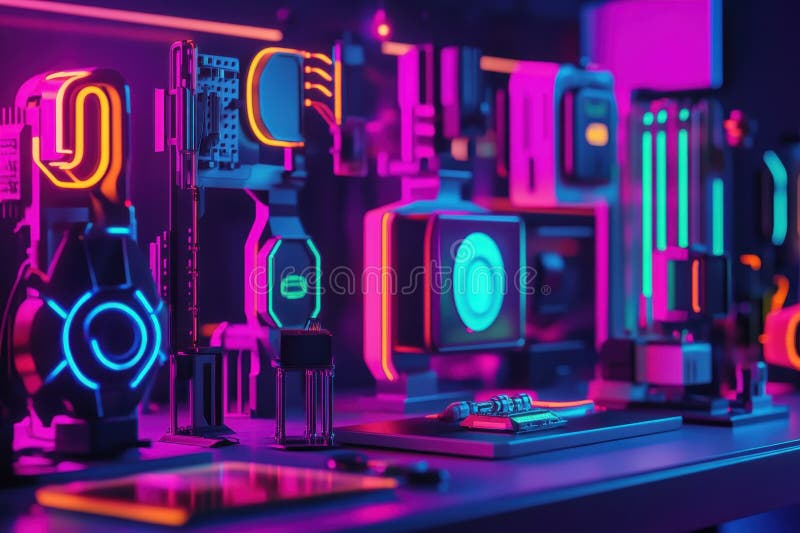 High-tech Display of Neon Glowing Gadgets in a Modern Tech Showcase ...