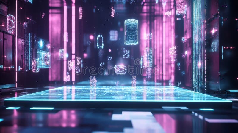 A High-tech Display Platform with a Reflective Surface, Illuminated by ...