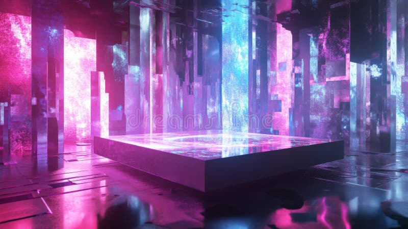 A High-tech Display Platform with a Reflective Surface, Illuminated by ...