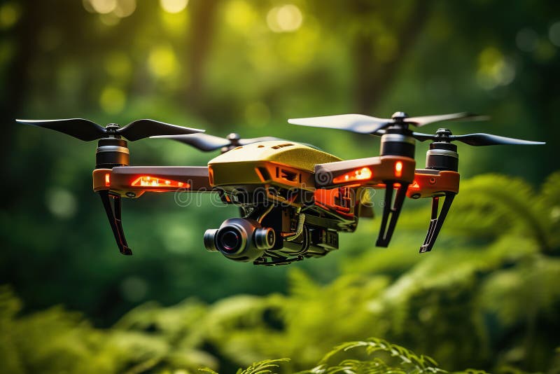High Tech Drone with Camera Flying in Lush Green Forest in Nature Stock ...