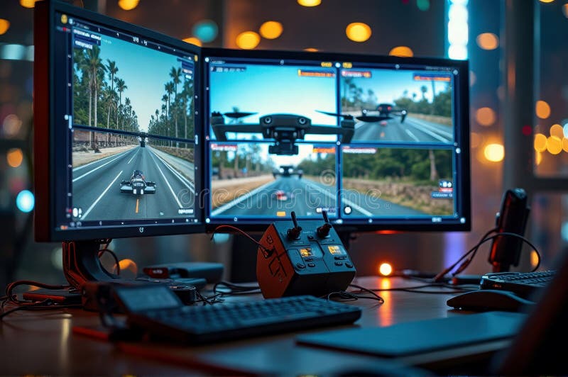 High-tech Drone Control Station with Dual Monitors Displaying Highway ...