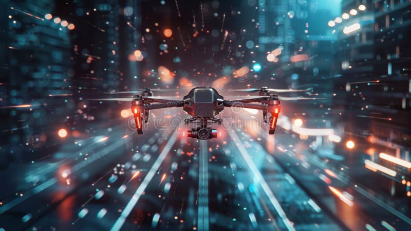 Modern Drone Flying through Futuristic City with Light Trails and Data ...