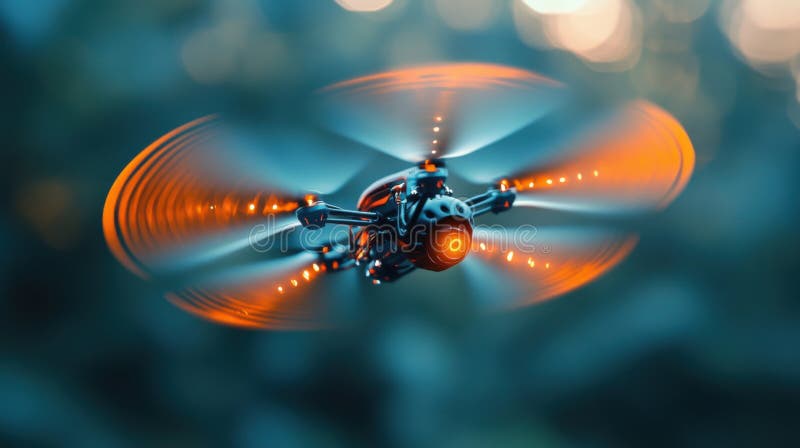 High-Tech Drone in Flight at Sunset with Vibrant Lights and Blurred ...