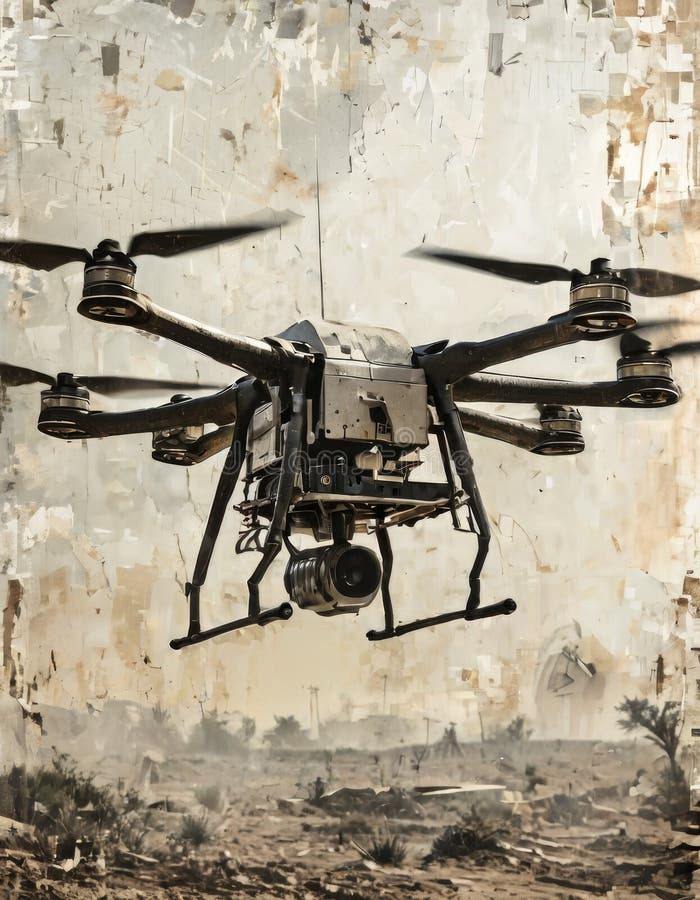 High-tech Drone Flying in a Barren Landscape, Focused on Camera Stock ...