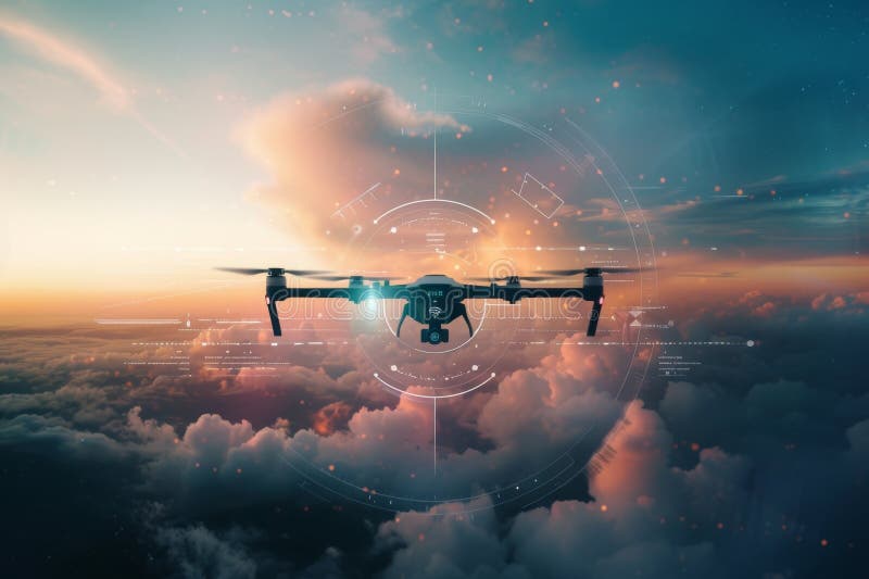A High-tech Drone Flying in a Cloud-filled Sky with a Sophisticated ...