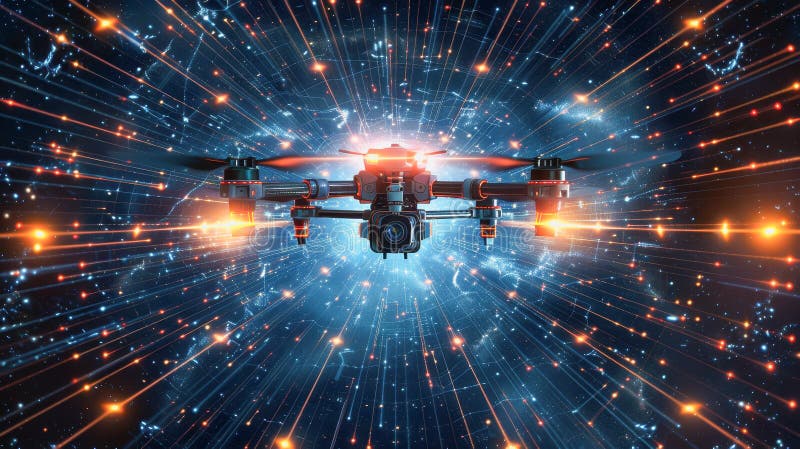 High-tech Drone Flying in Digital Network, Blue Neon Lights, Abstract ...