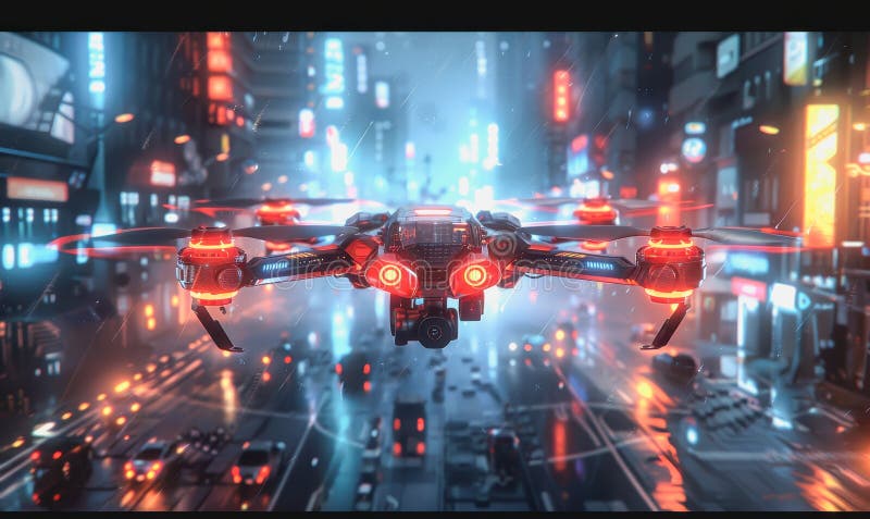 High-tech Drone Flying in Digital Network, Blue Neon Lights, Abstract ...