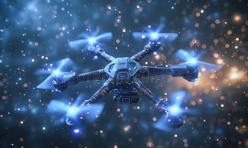 High-tech Drone Flying in Digital Network, Blue Neon Lights, Abstract ...