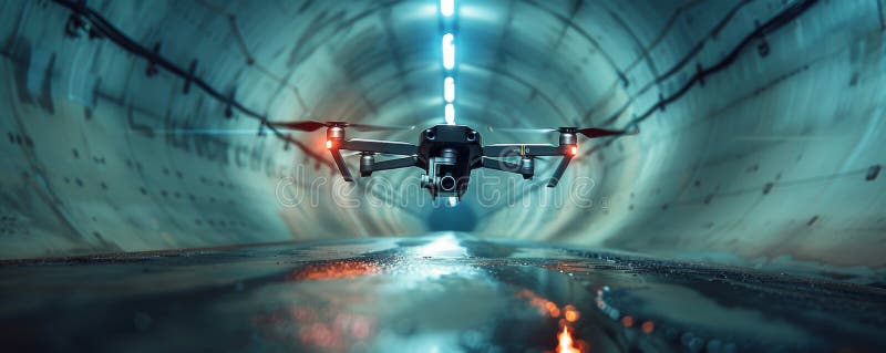 High-tech Drone Flying Inside a Futuristic Tunnel with Blue Lighting ...