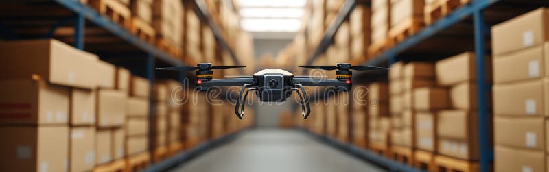 A High-tech Drone Flying Inside a Warehouse with Stacked Boxes ...