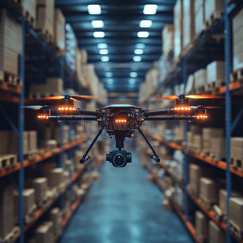 A High-tech Drone Flying Inside a Warehouse with Stacked Boxes ...