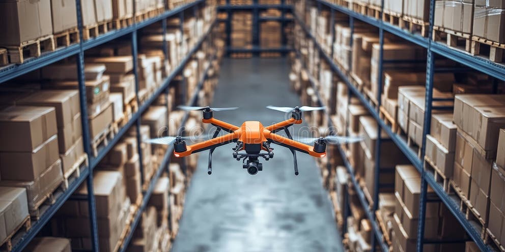 A High-tech Drone Flying Inside a Warehouse with Stacked Boxes ...