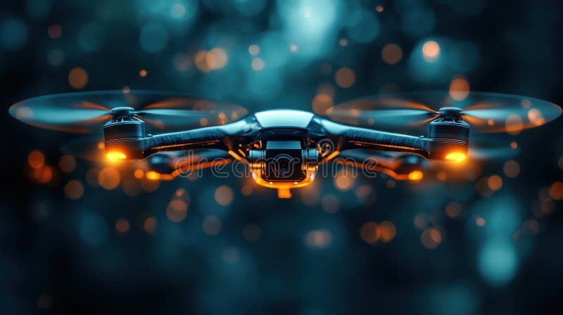 High-Tech Drone Flying at Night with Glowing Lights and Blurred ...