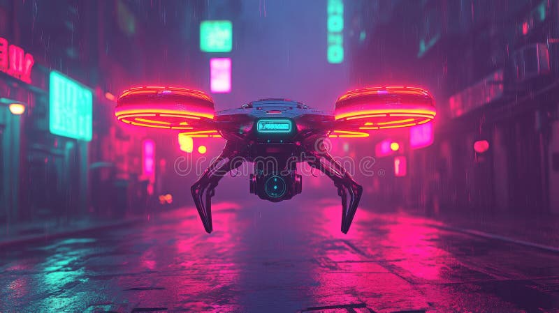 High-tech Drone Gliding Above the City Skyline As the Sun Sets, Casting ...