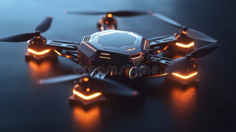 High Tech Drone with Glowing Lights on a Dark Surface, Showcasing ...