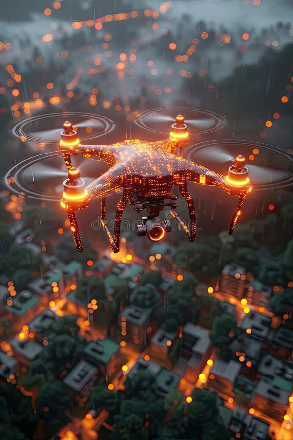 A High-tech Drone Hovering Over a Glowing Cityscape at Night, with ...