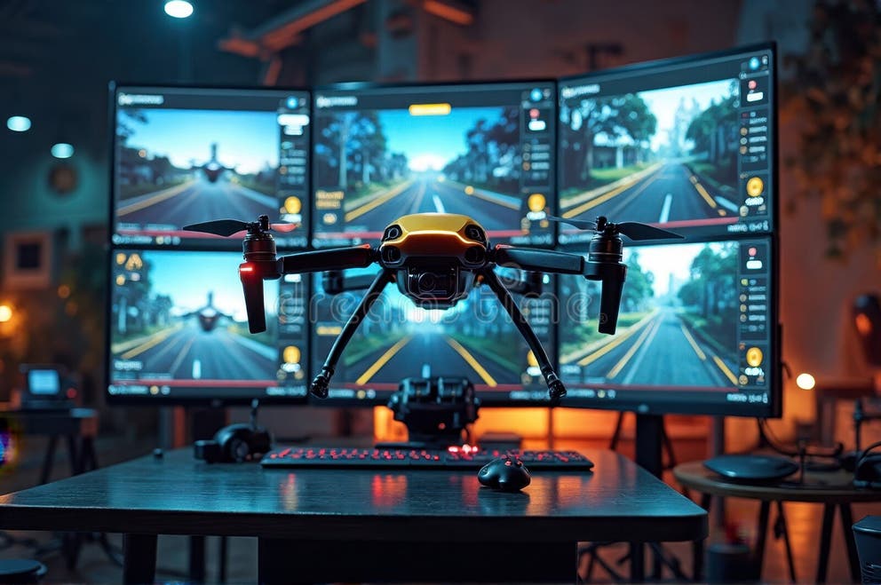 High-tech Drone Monitoring System with Multiple Screens in Modern ...