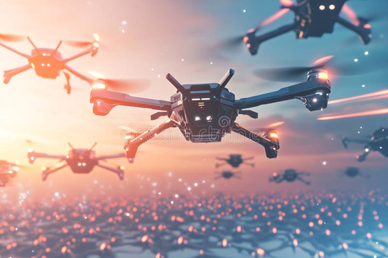 A High-tech Drone Swarm Hovering Above a Futuristic Battlefield ...