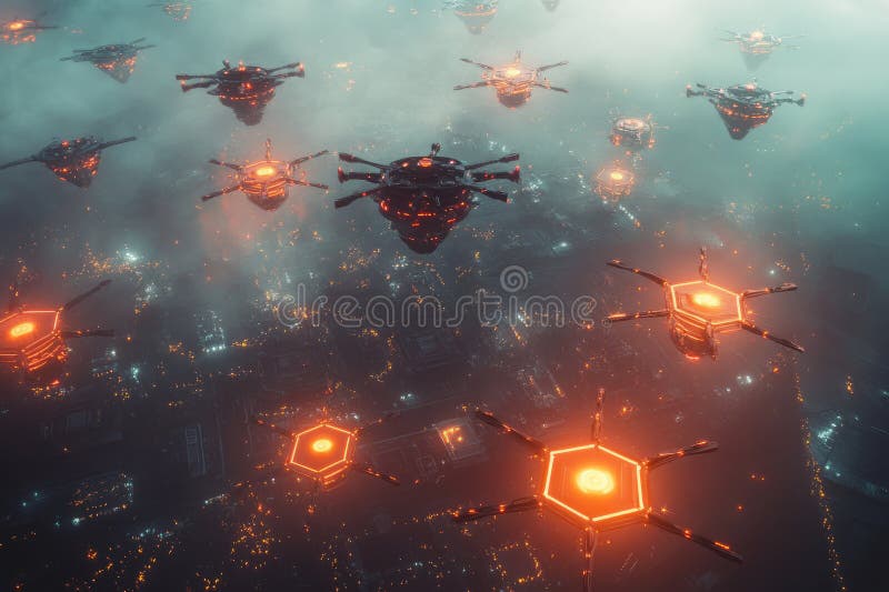 A High-tech Drone Swarm Hovering Above a Futuristic Battlefield ...