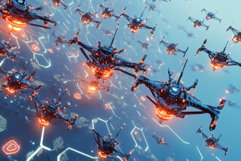 A High-tech Drone Swarm Hovering Above a Futuristic Battlefield ...