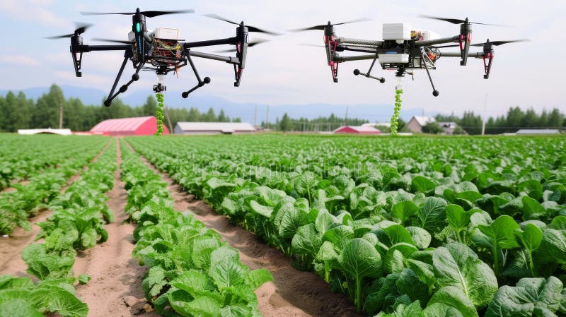 High-tech Drones in Action Over Green Leafy Crops Stock Image - Image ...